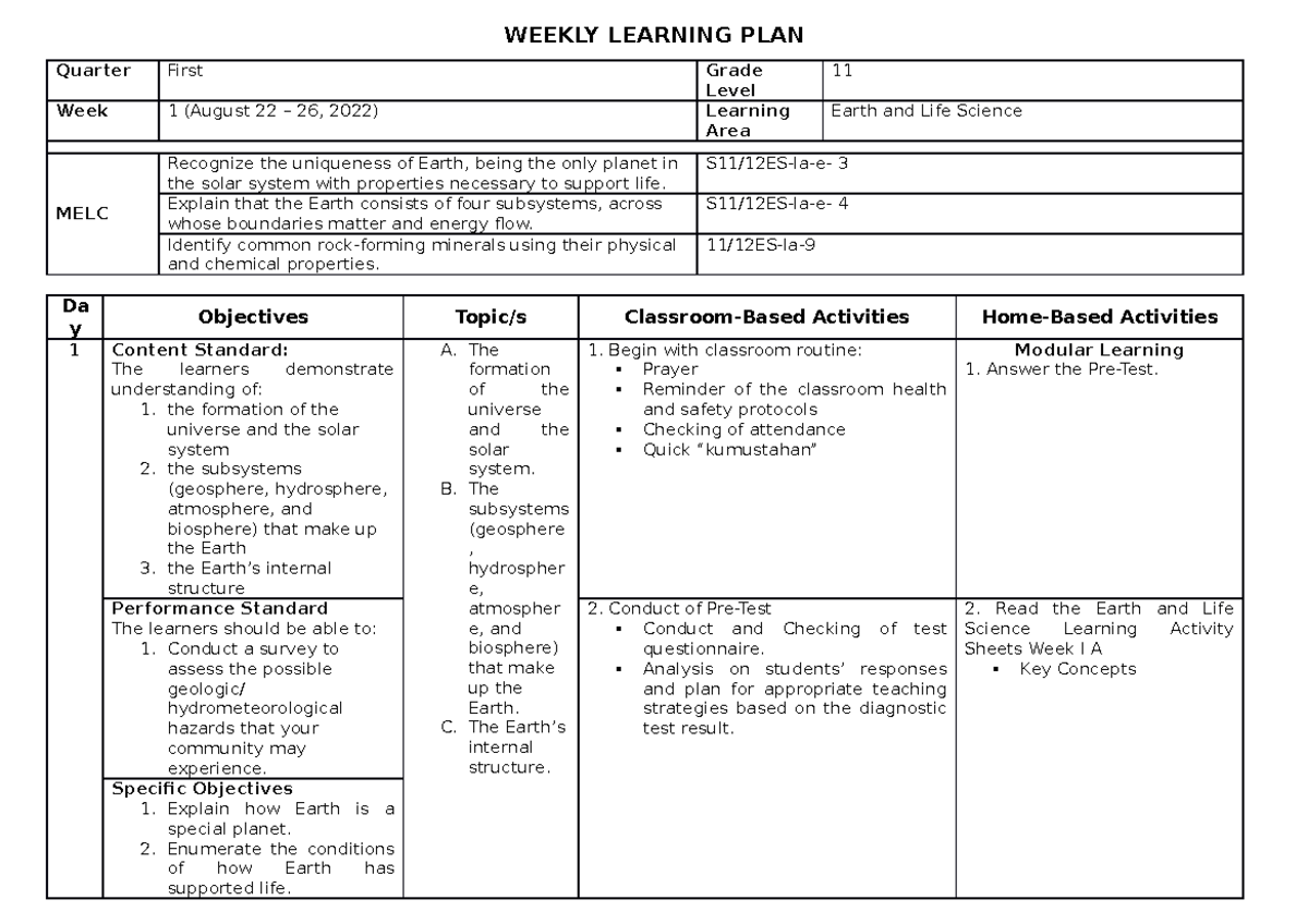 ELS WLP 1 - N/A - WEEKLY LEARNING PLAN Quarter First Grade Level 11 ...