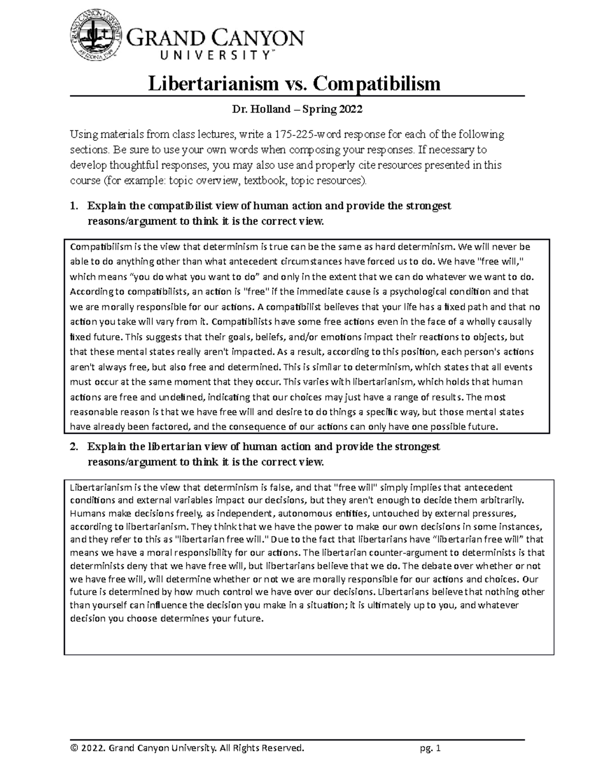Libertarianism Compatibilism Worksheet Holland Sp22 - Libertarianism vs ...