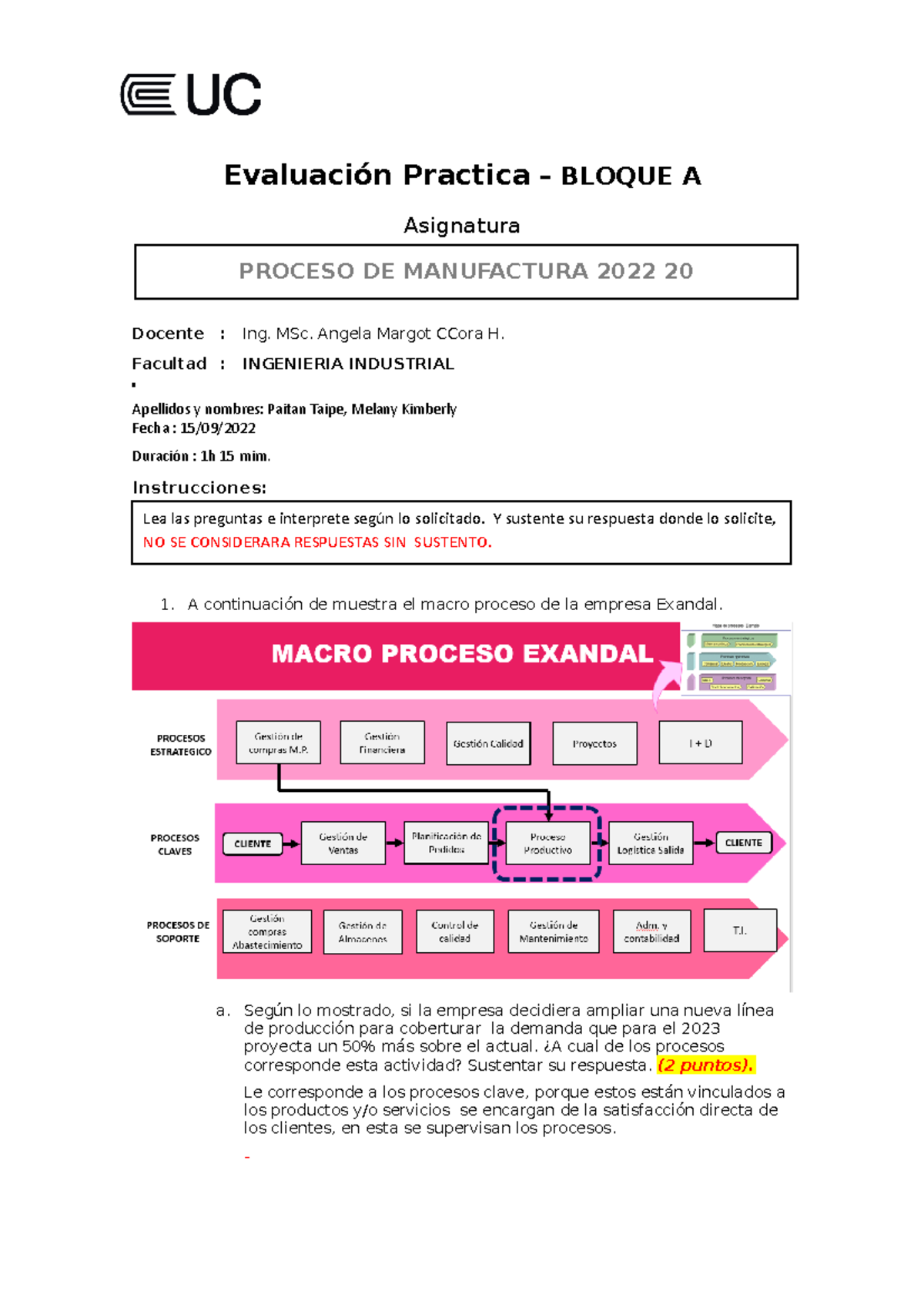 Practica Calificada-Bloque A - Evaluación Practica – BLOQUE A Asignatura Docente : Ing. MSc ...