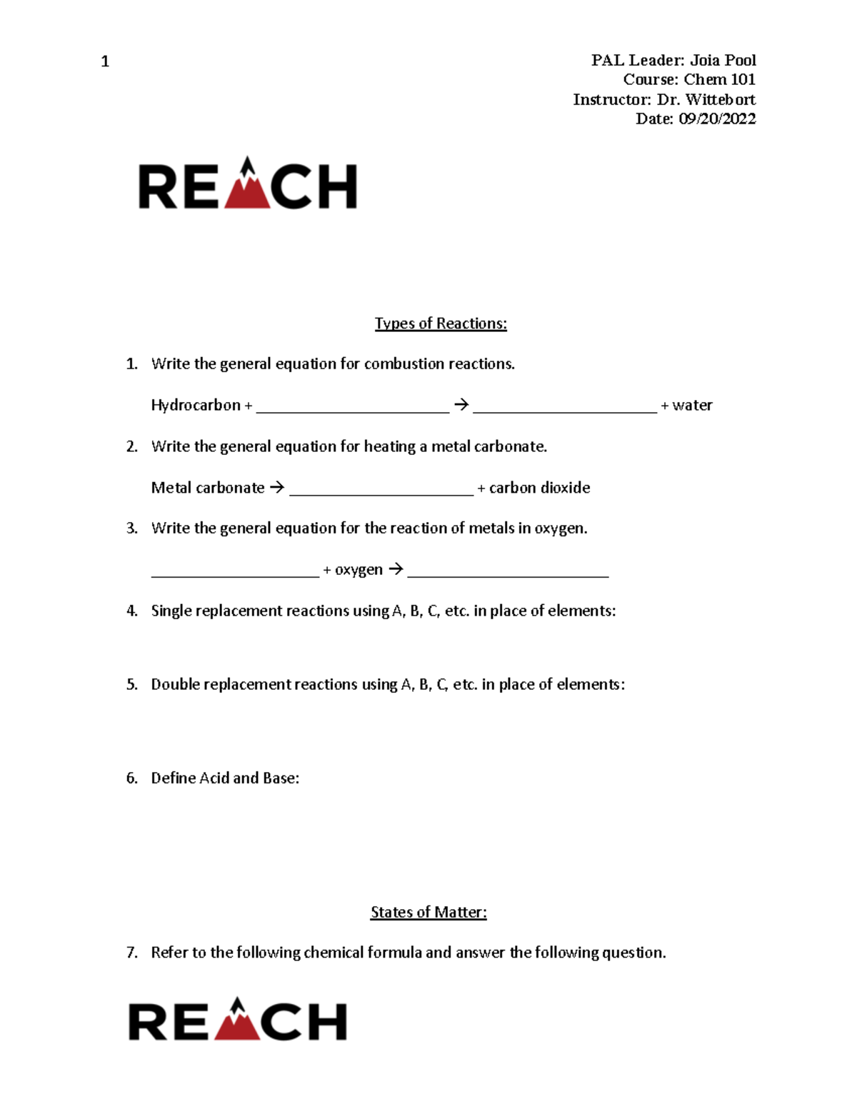 Worksheet #5 - ALL OF THEM ARE PAL SESSIONS NOTES! - Instructor: Dr ...