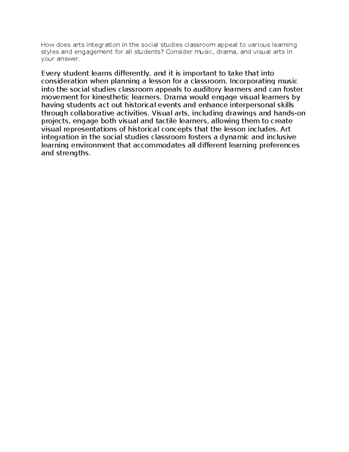 Week 1 DQ 1 - Week 1 DQ 1 - How does arts integration in the social ...