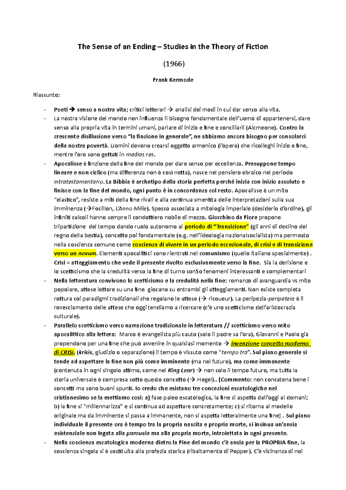 Riassunto di Frank Kermode, Il senso della fine - The Sense of an ...