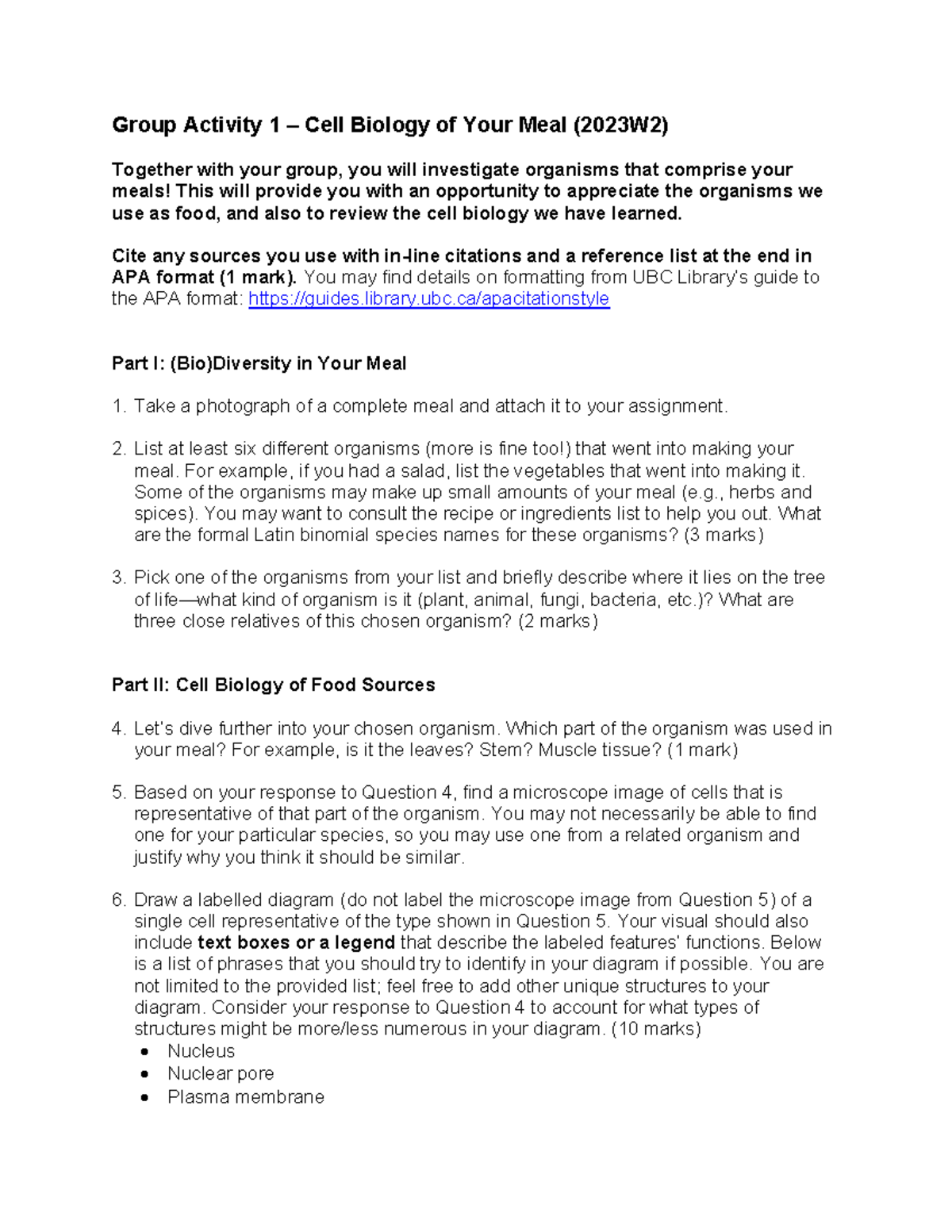 BIOL111 2023W2 Cells Activity - Group Activity 1 – Cell Biology of Your ...