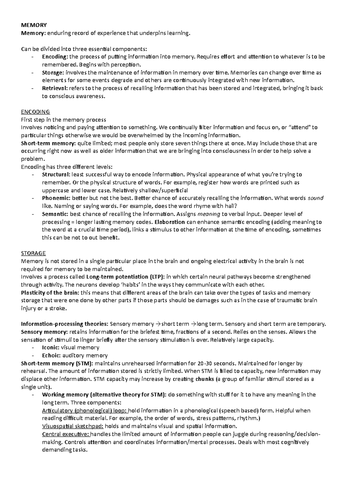 Lectures 7&8 - Memory - MEMORY Memory: enduring record of experience ...