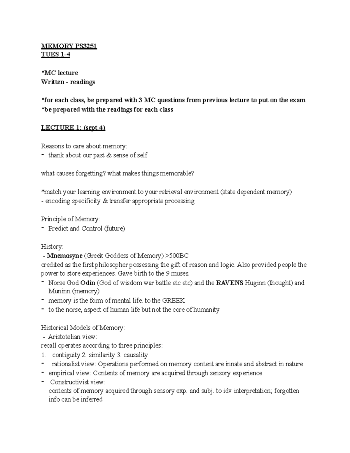 Memory Notes PDF - MEMORY PS3251 TUES 1-4 *MC lecture Written ...