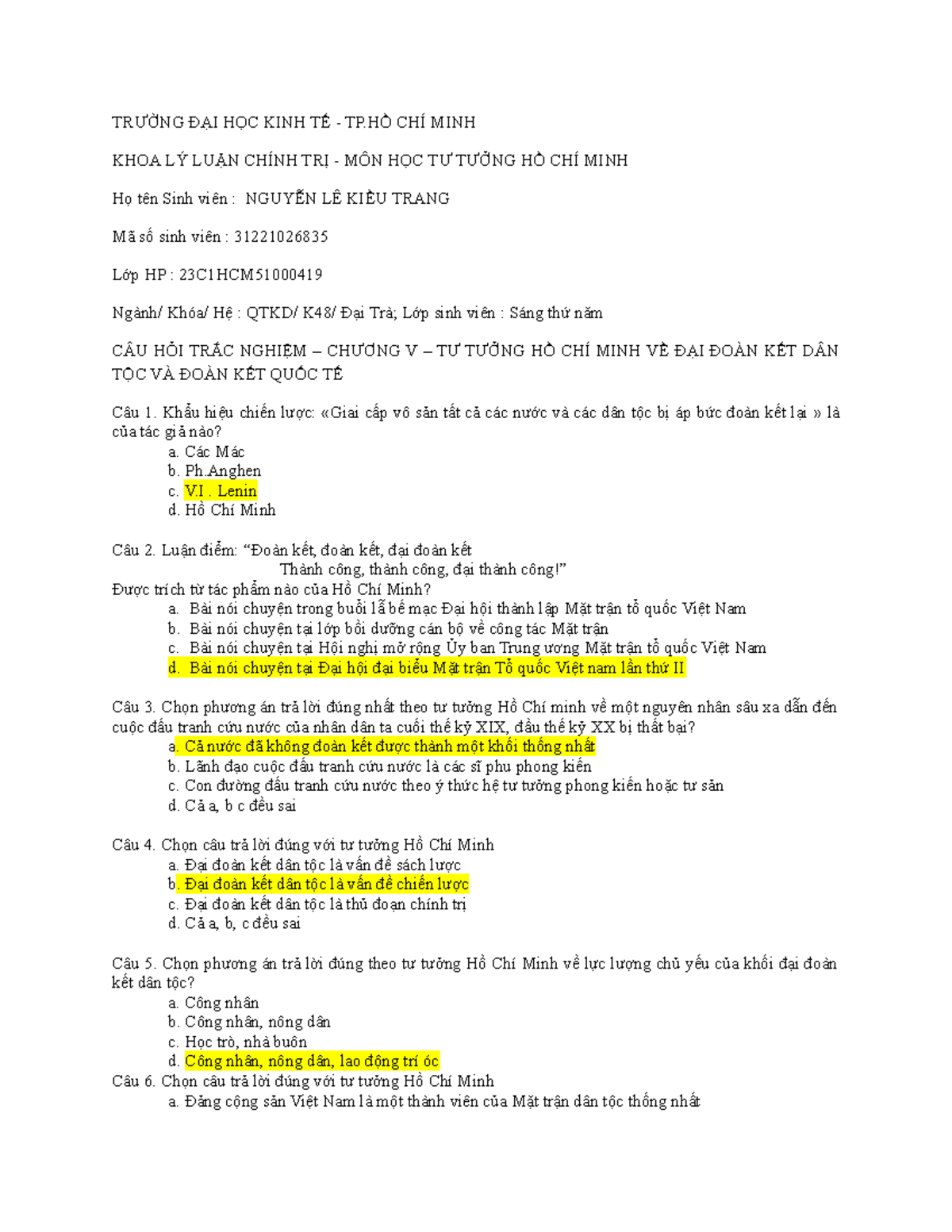 BT TN C - BT TN C - TRƯỜNG ĐẠI HỌC KINH TẾ - TPỒ CHÍ MINH KHOA LÝ LUẬN CHÍNH TRỊ - MÔN HỌC TƯ ...