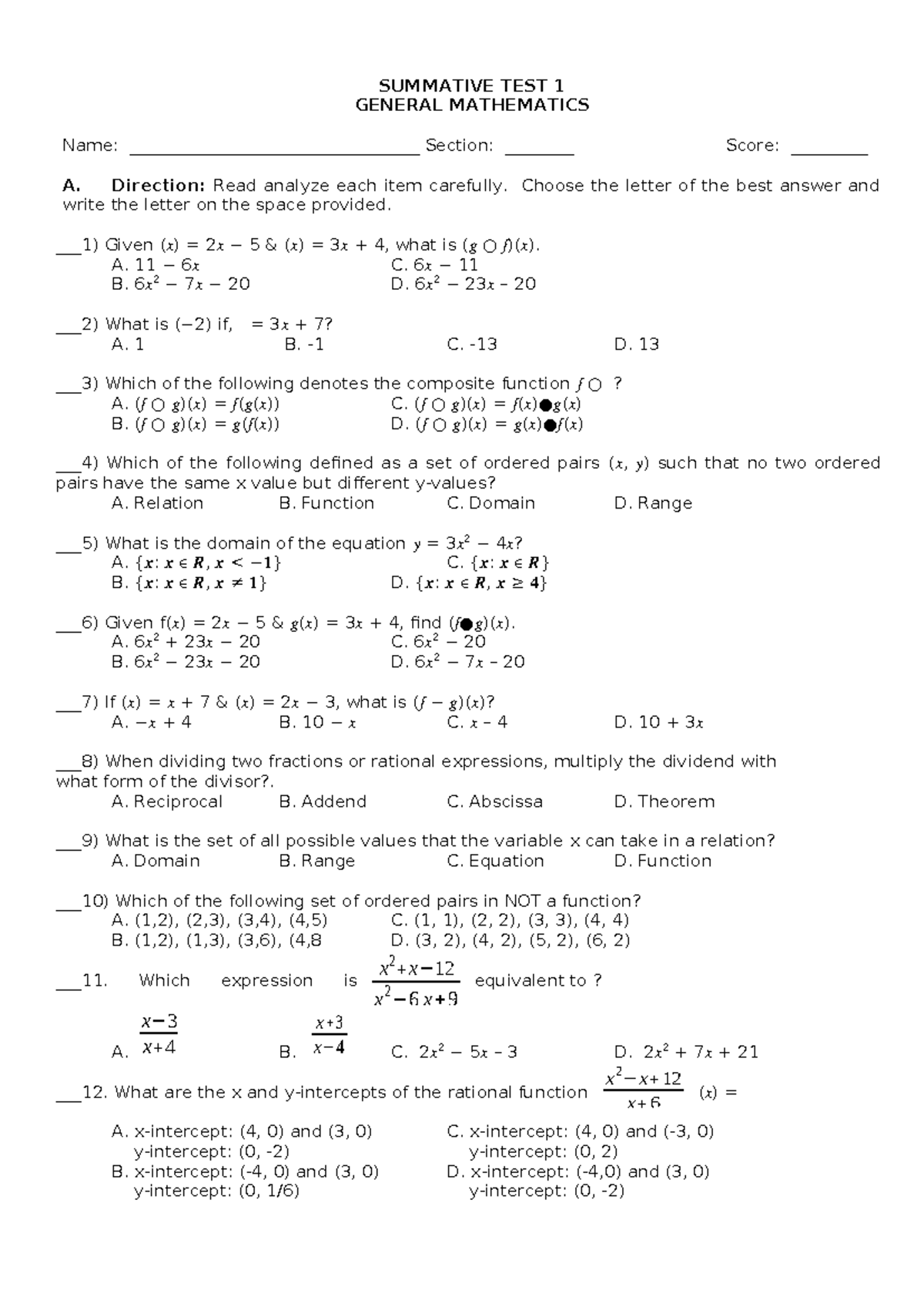 Summative test 2 - general mathematics - SUMMATIVE TEST 1 GENERAL ...