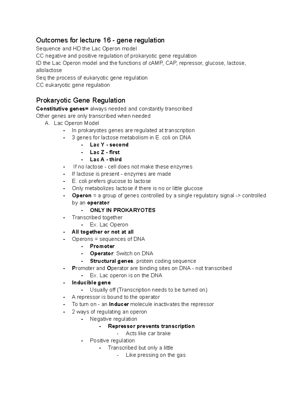 Outcomes for lecture 16 - gene regulation - Outcomes for lecture 16 ...