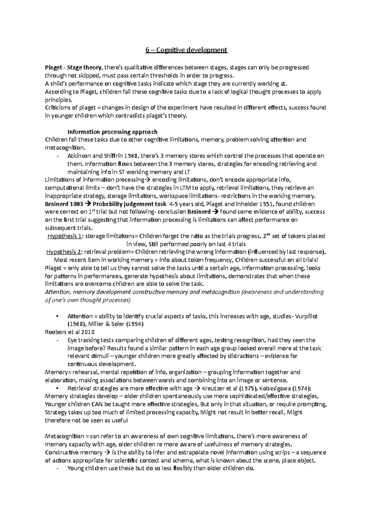 6 - One page summary - Lecture notes 6 - 6 – Cognitive development ...