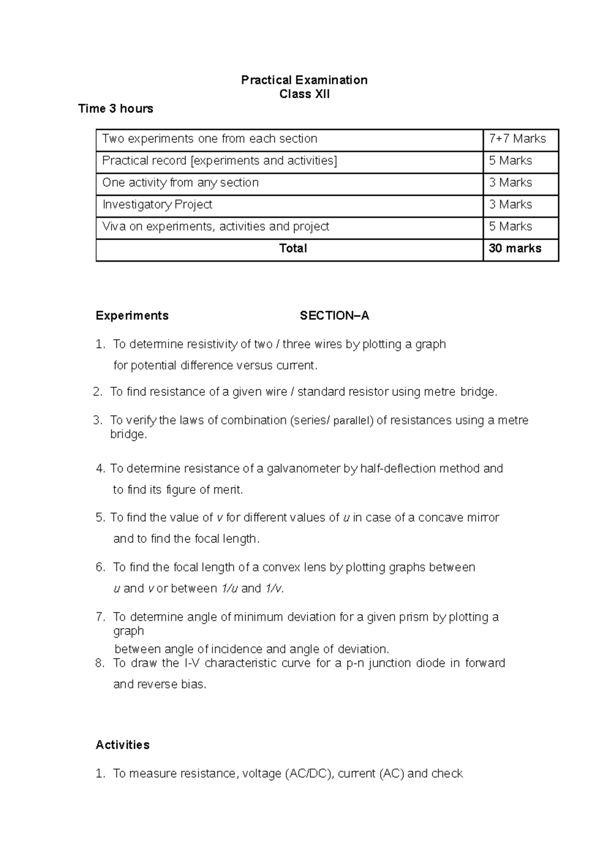 Practical Examination Class Xii Practical Examination Class Xii Time 3 Hours Two Experiments