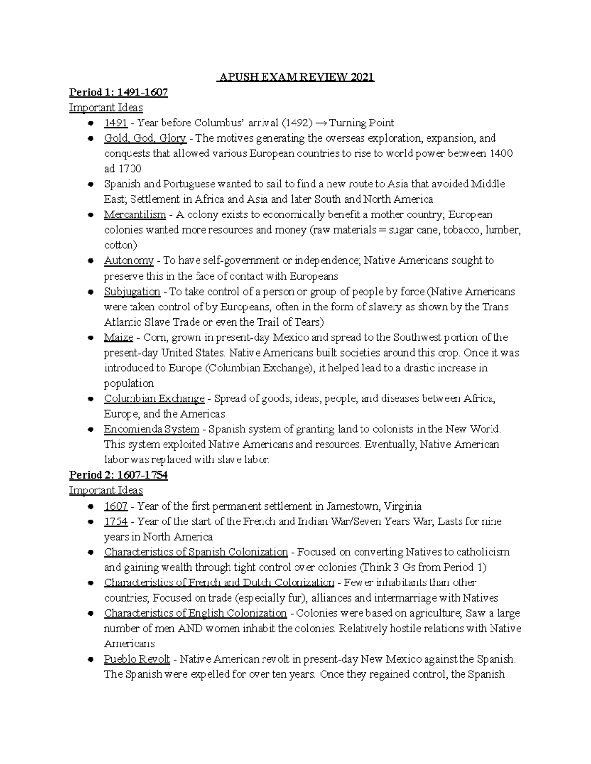 APUSH EXAM Review 2021 - APUSH EXAM REVIEW 2021 Period 1: 1491 ...