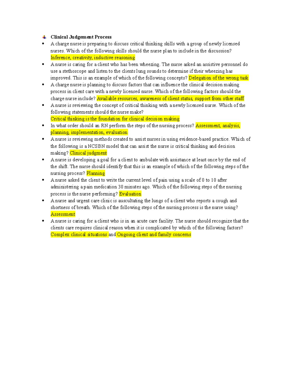 Clinical Judgement Process - Which of the following skills should the ...