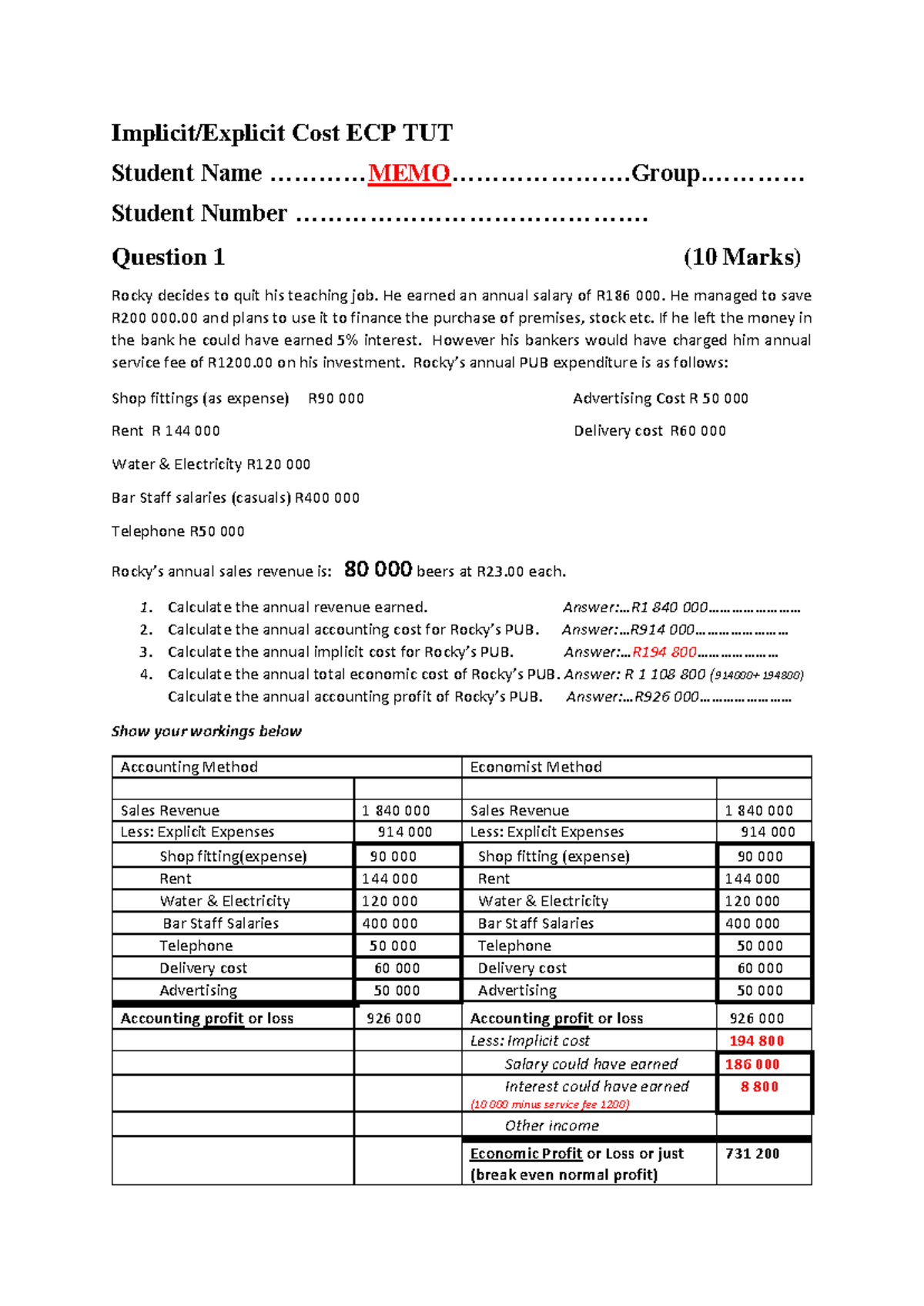 Micro Unit 5 -Implicit- Explicit Cost ECP Exercise Memo.pdf - Implicit/Explicit Cost ECP TUT ...
