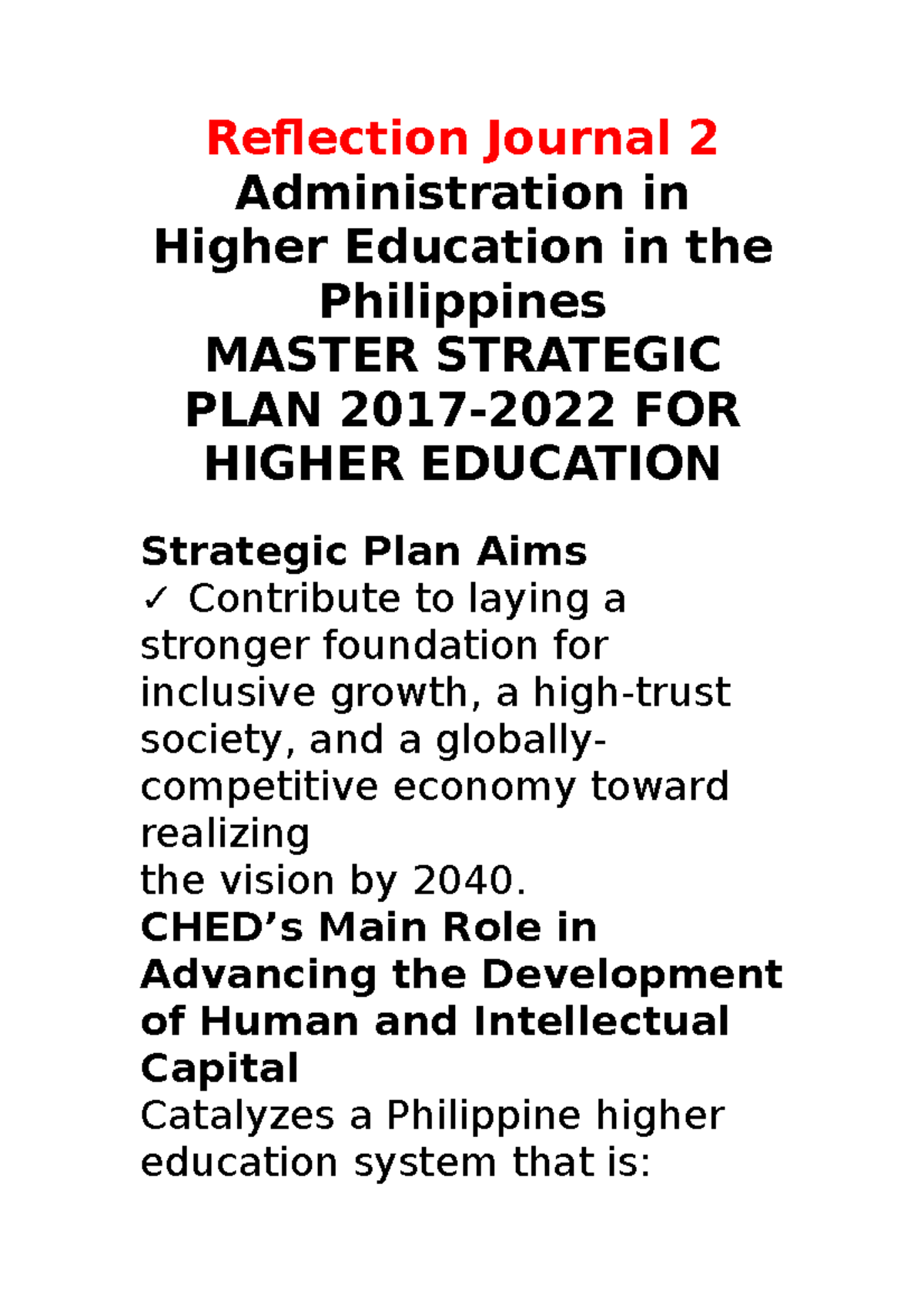 Reflection Journal 2 - notes - Reflection Journal 2 Administration in ...