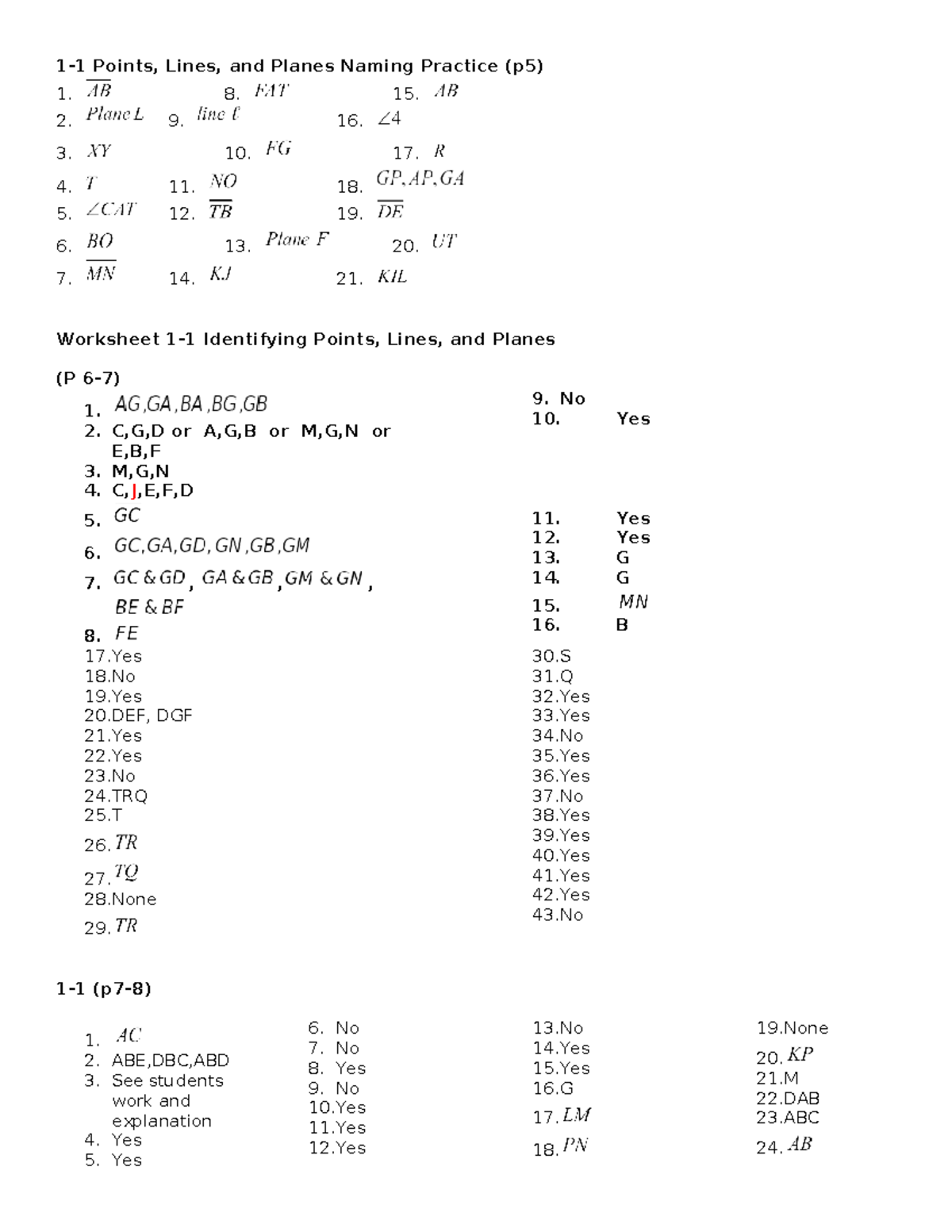 Chapter 1 Geometry PAP Answers 2018-19 - 1-1 Points, Lines, and Planes ...
