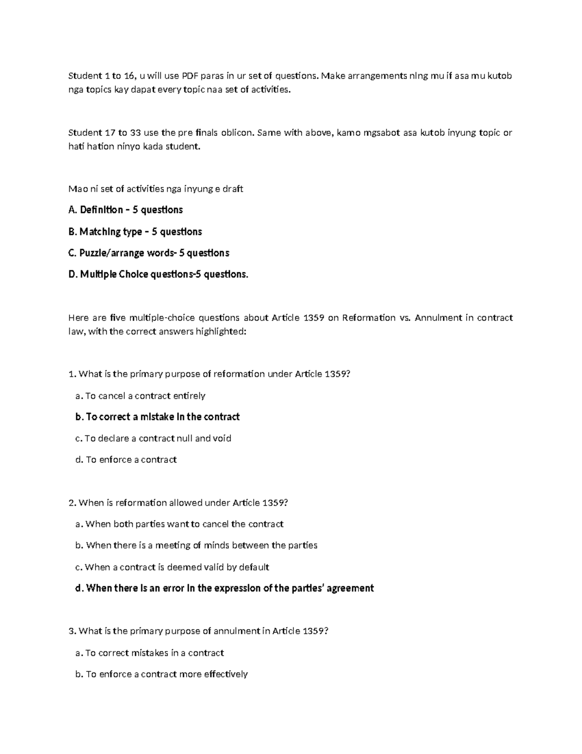 Obligation and contract test bank - Student 1 to 16, u will use PDF ...