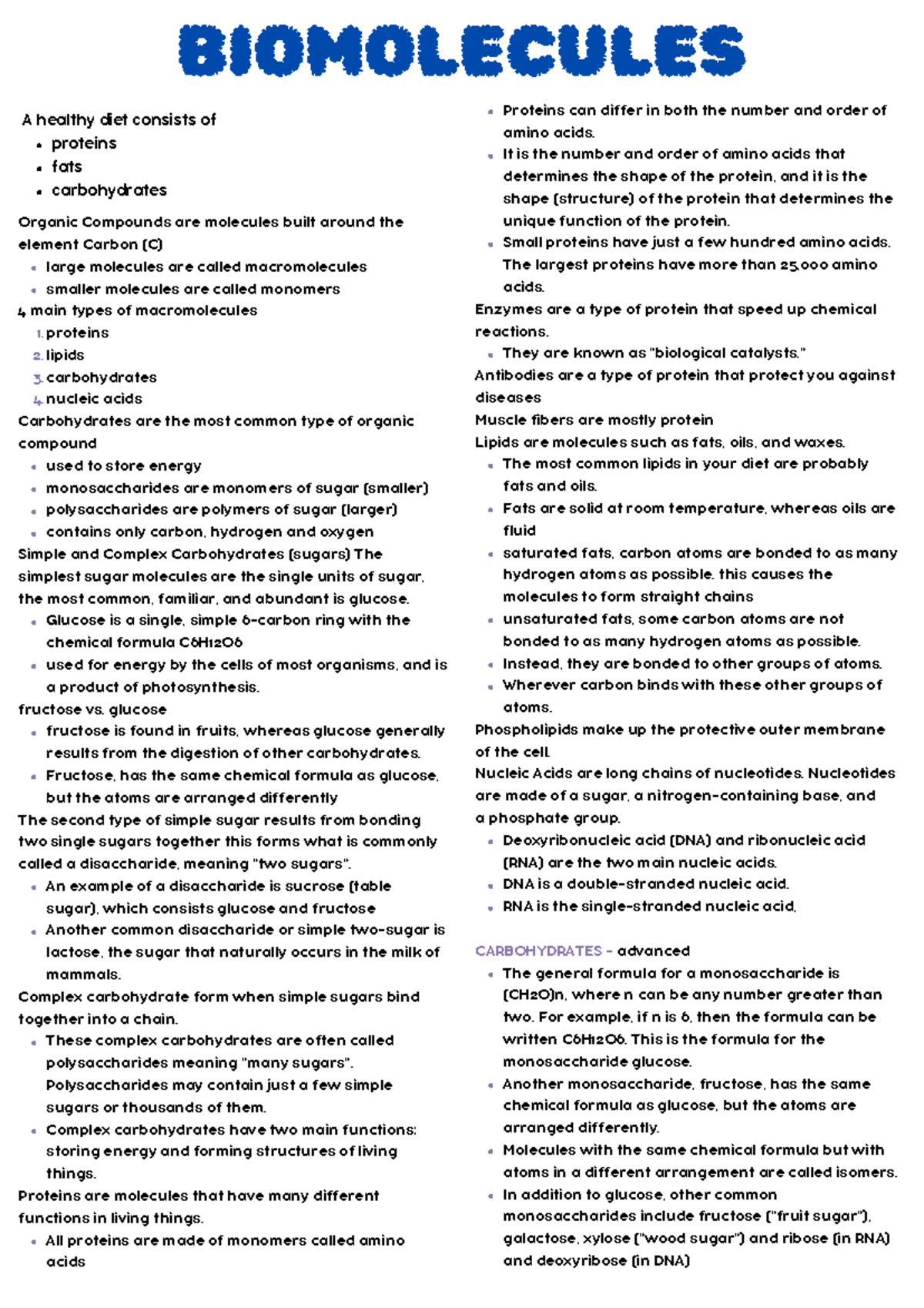 Biomolecules - genbio notes, summarized - BIOMOLECULES A healthy diet ...