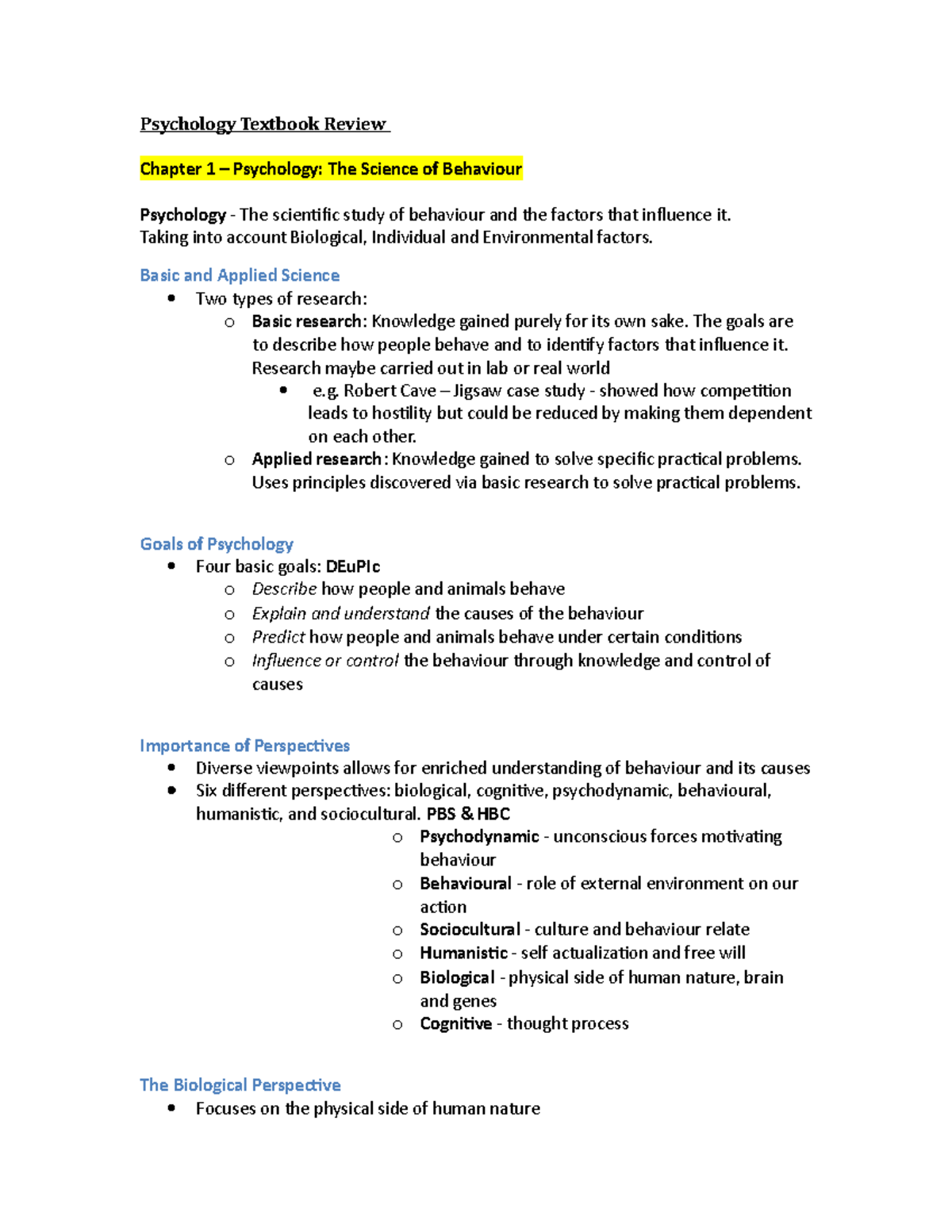 Psychology Textbook Review - Psychology Textbook Review Chapter 1 ...