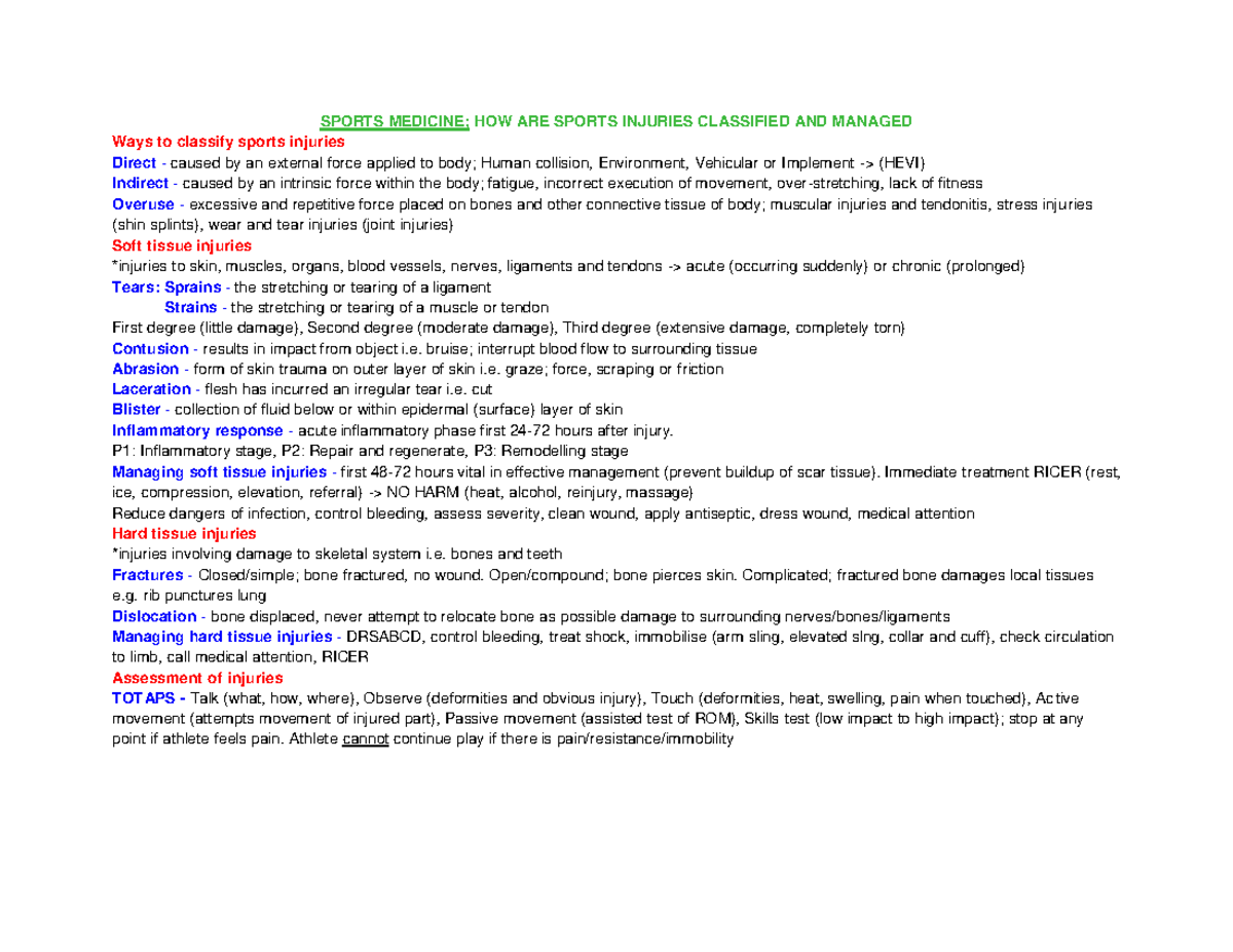 Pdhpe year 12 course detailed summary notes - SPORTS MEDICINE; HOW ARE ...