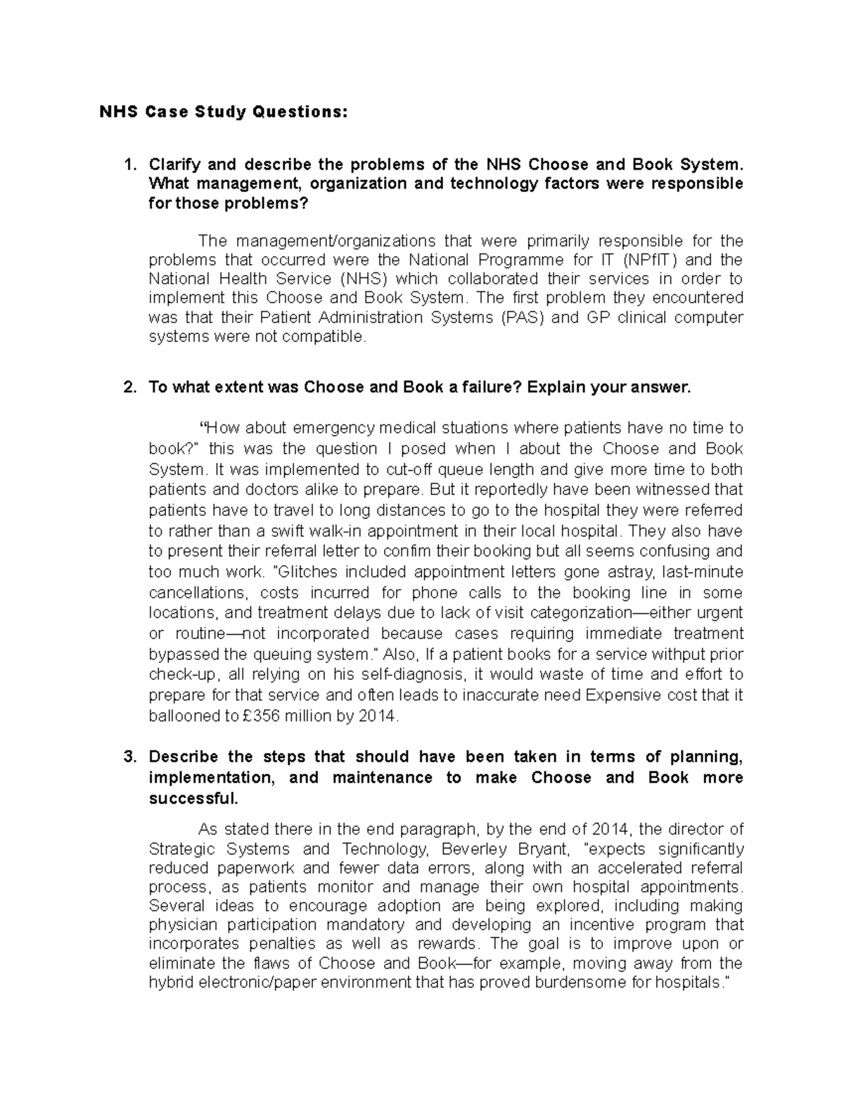 Answers- Case Study - NHS Case Study Questions: Clarify and describe ...