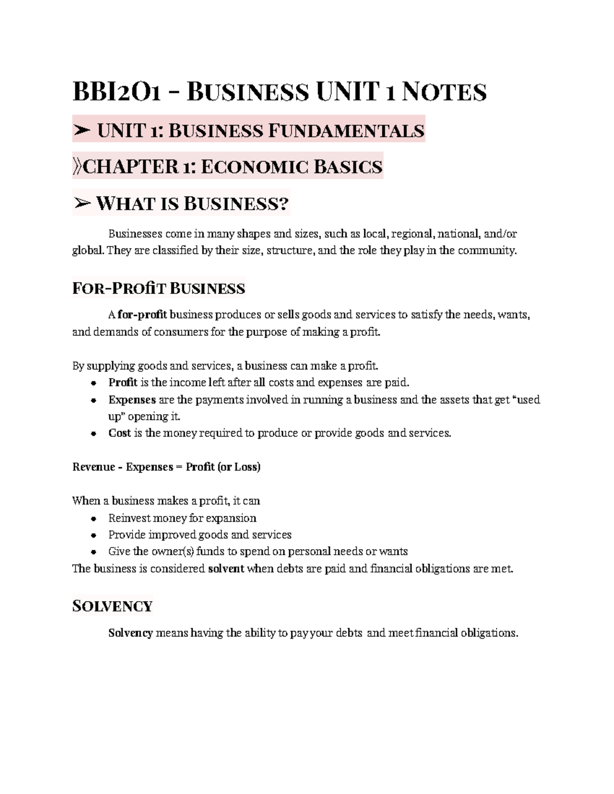 BBI2O1 - Business UNIT 1 Notes - They are classified by their size ...