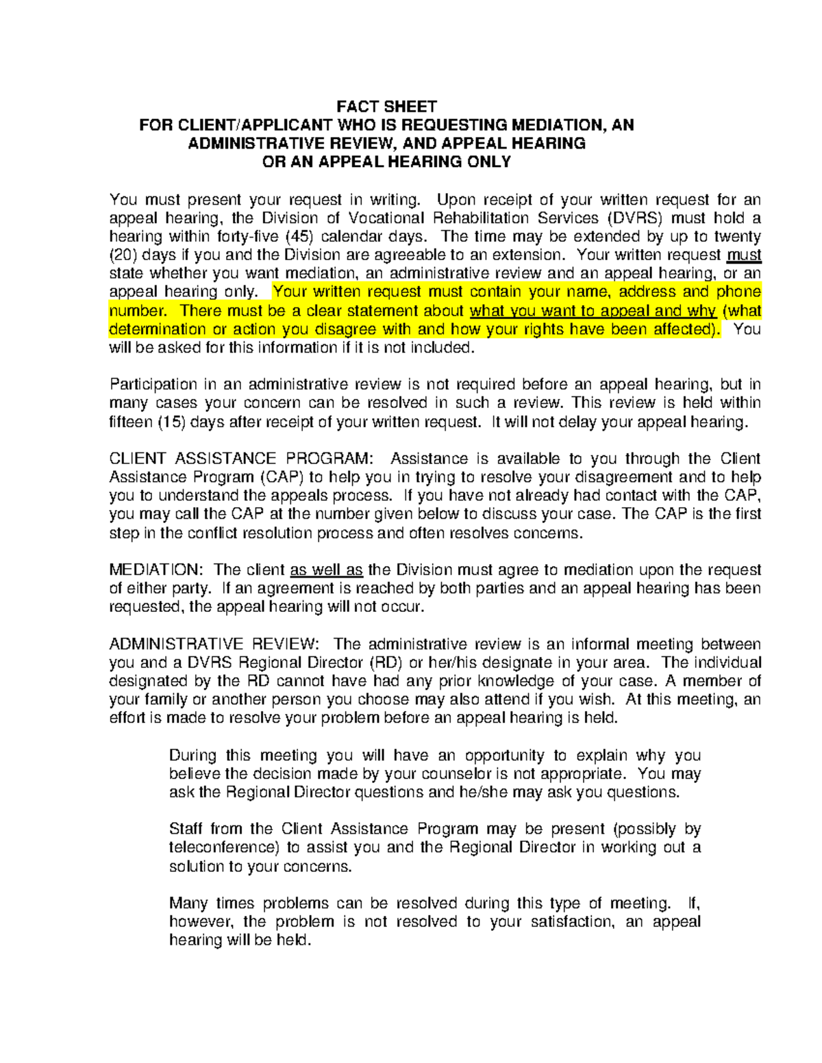 FACT Sheet VR appeals 2022 - FACT SHEET FOR CLIENT/APPLICANT WHO IS REQUESTING MEDIATION, AN ...