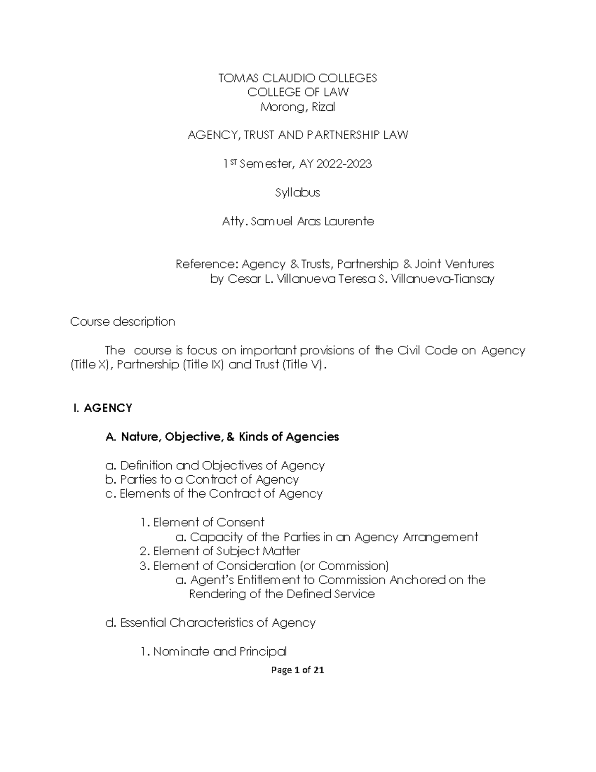 Agency, Trust AND Partnership - Laurente - TOMAS CLAUDIO COLLEGES ...