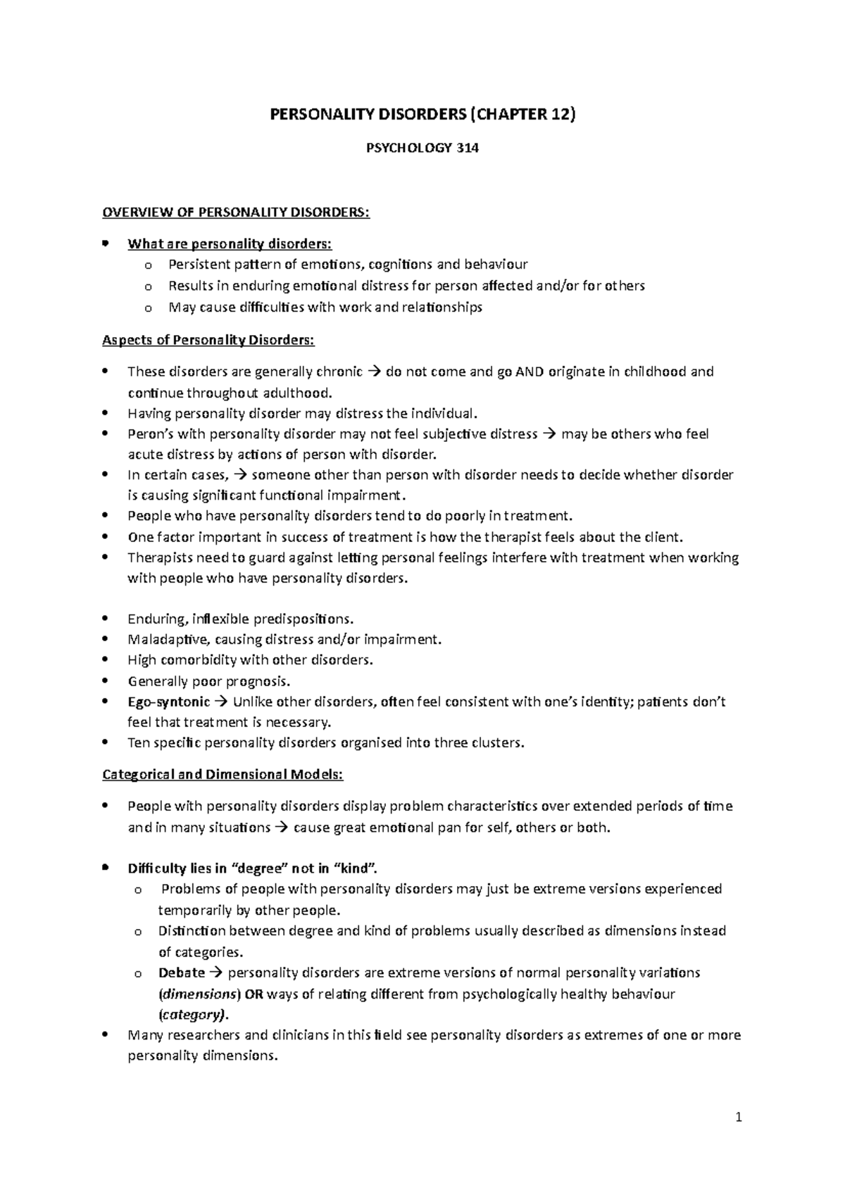Summaries Week 7 - PERSONALITY DISORDERS (CHAPTER 12) PSYCHOLOGY 314 ...