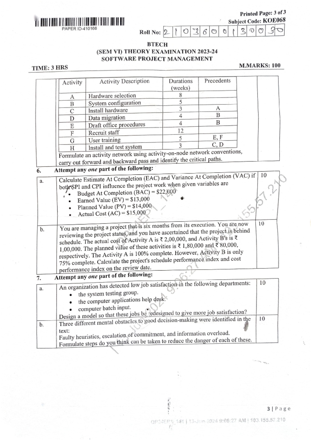 Software Project Management AKTU - TIME: 3 HRS 6. a. b. 7. a. PAPER ID ...