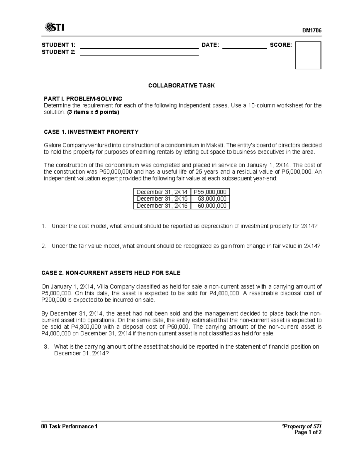 08 Task Performance 1 - BM1 706 08 Task Performance 1 *Property of STI ...