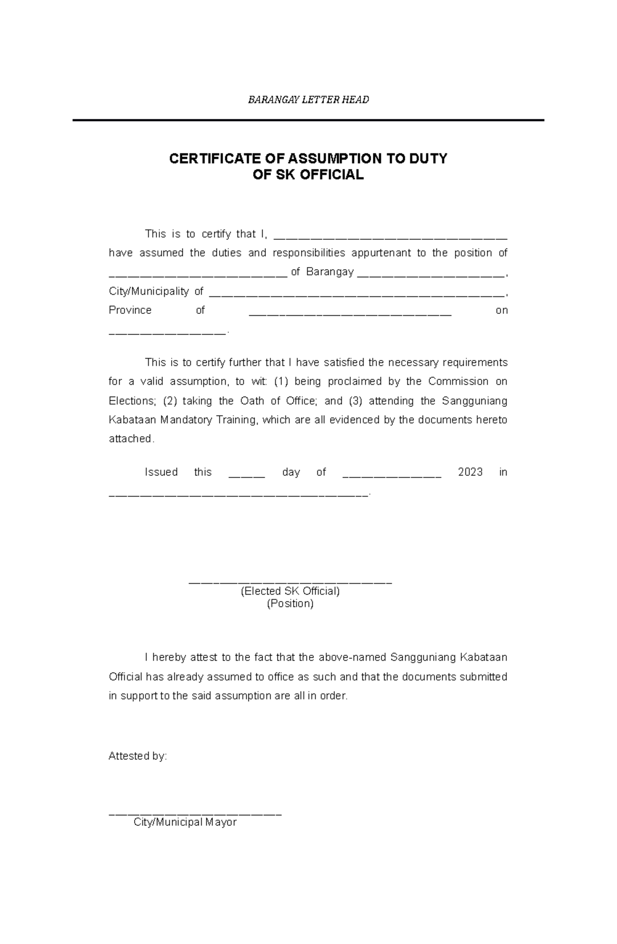 Certificate of Assumption to Duty of SK and Brgy Official - BARANGAY ...