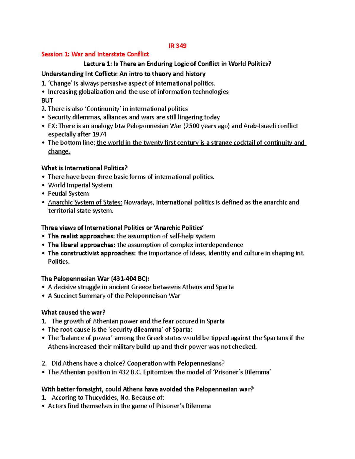 IR 349 Lecture Notes - IR 349 Session 1: War and Interstate Conflict ...