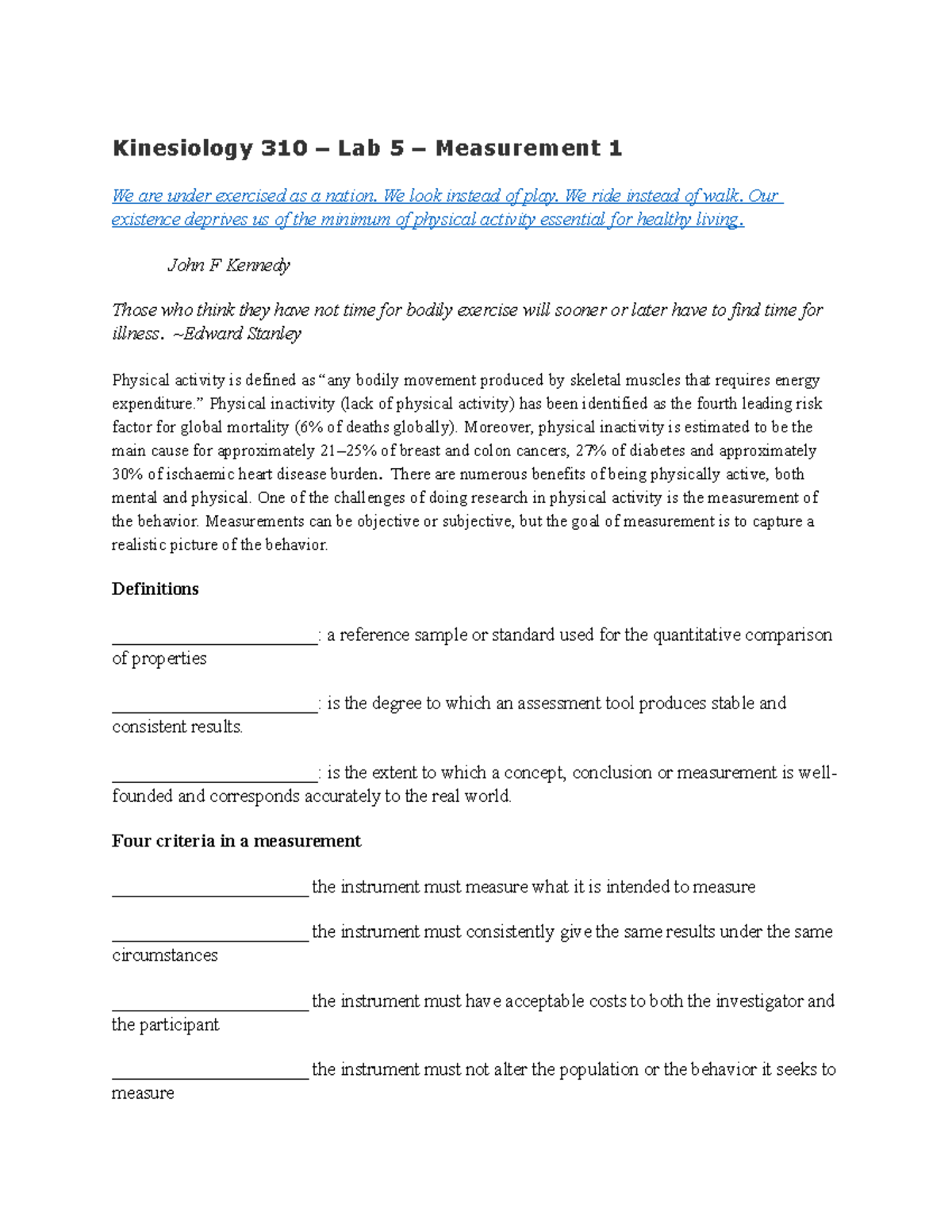 Kinesiology 310 Lab 5 Notes r - Kinesiology 310 – Lab 5 – Measurement 1 ...