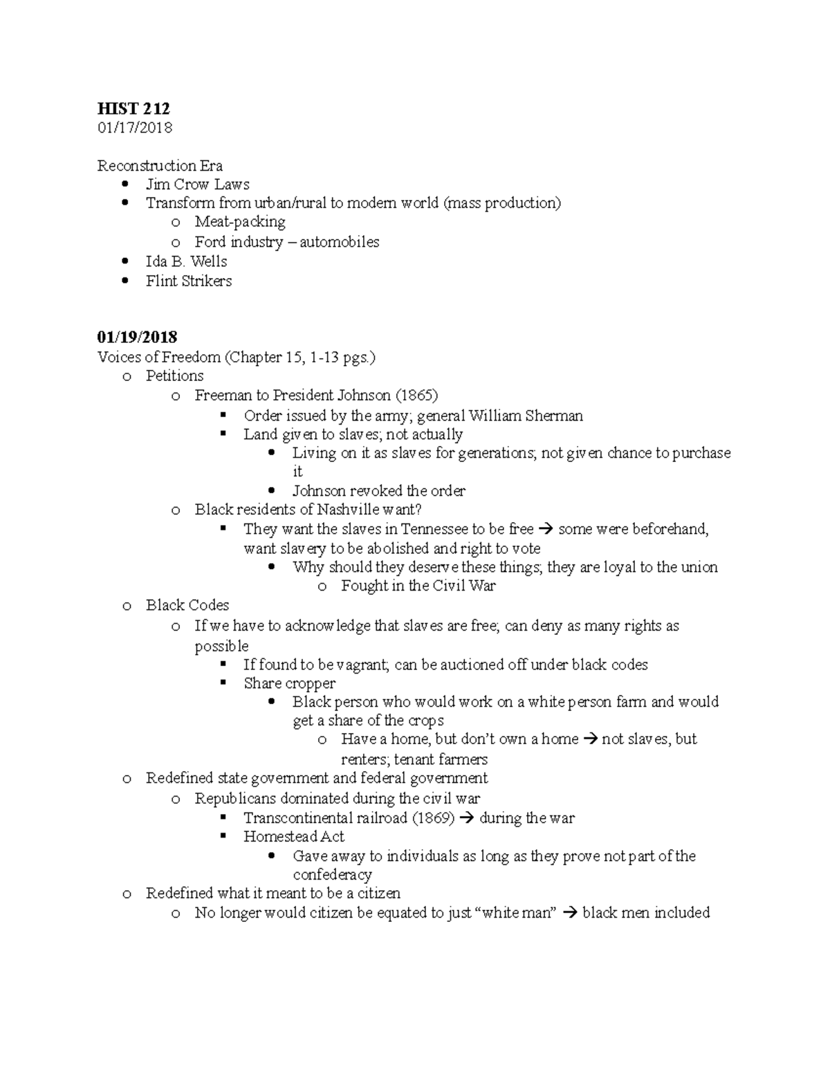 HIST Notes - HIST 212 01/17/ Reconstruction Era Jim Crow Laws Transform ...