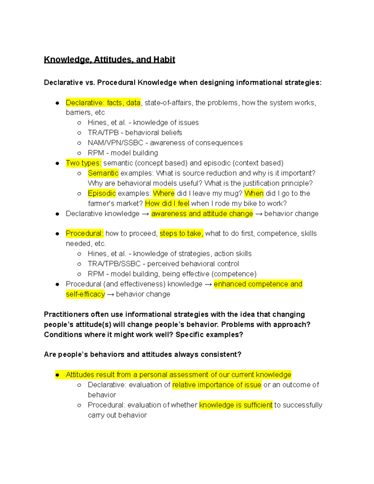 Final Exam Overview - Knowledge, Attitudes, and Habit Declarative vs ...