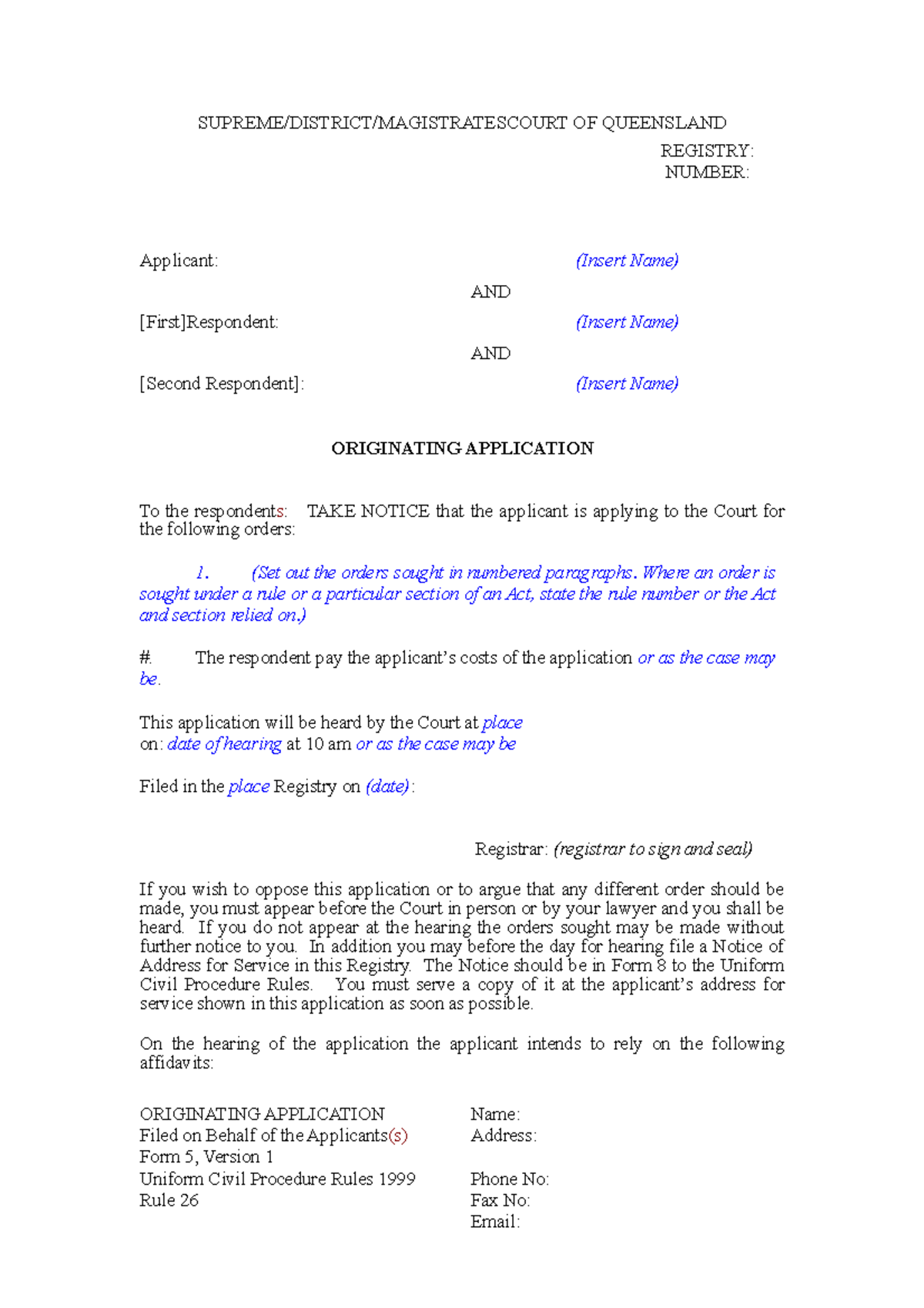 UCPR Form 005 - Originating Application - SUPREME/DISTRICT ...