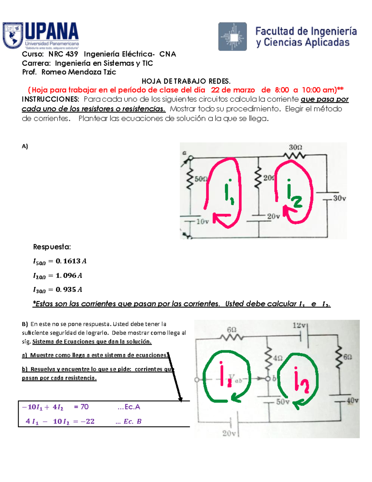 HOJA DE Trabajo Redes Ing. Elect. 22 Marzo - Curso: NRC 439 Ingeniería ...