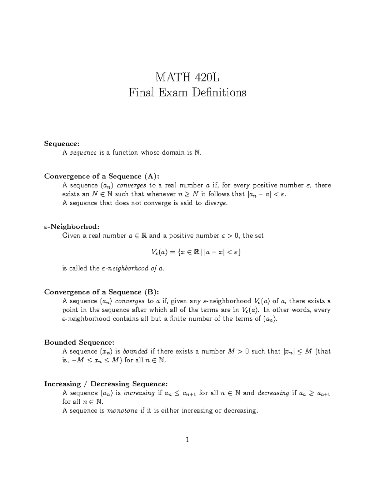 Analysis Final Exam Definitions - MATH 420L Final Exam Definitions ...