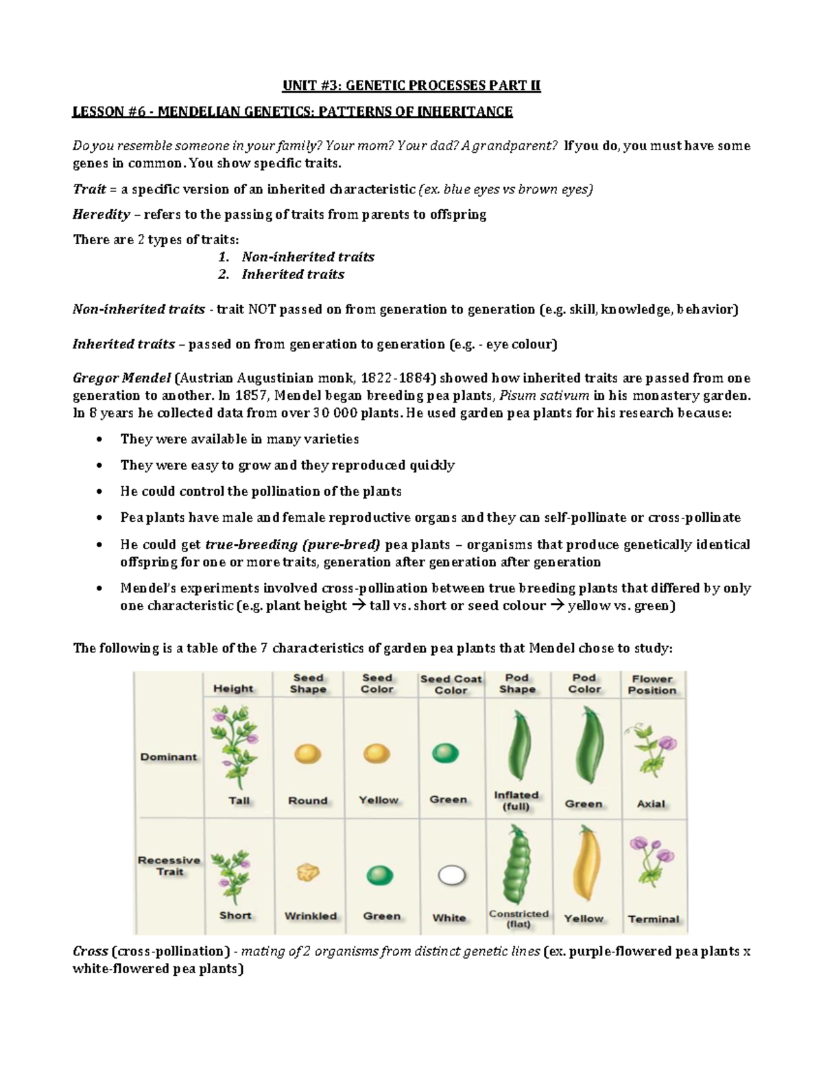 UNIT 1 - Genetics - PART 2 - UNIT #3: GENETIC PROCESSES PART II LESSON ...
