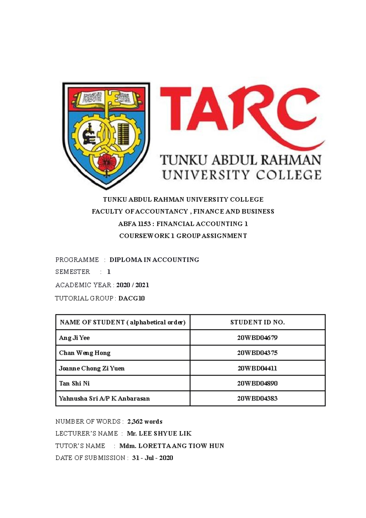 ABFA1153 Financial Accounting 1 Coursework 1docx - TUNKU ABDUL RAHMAN ...