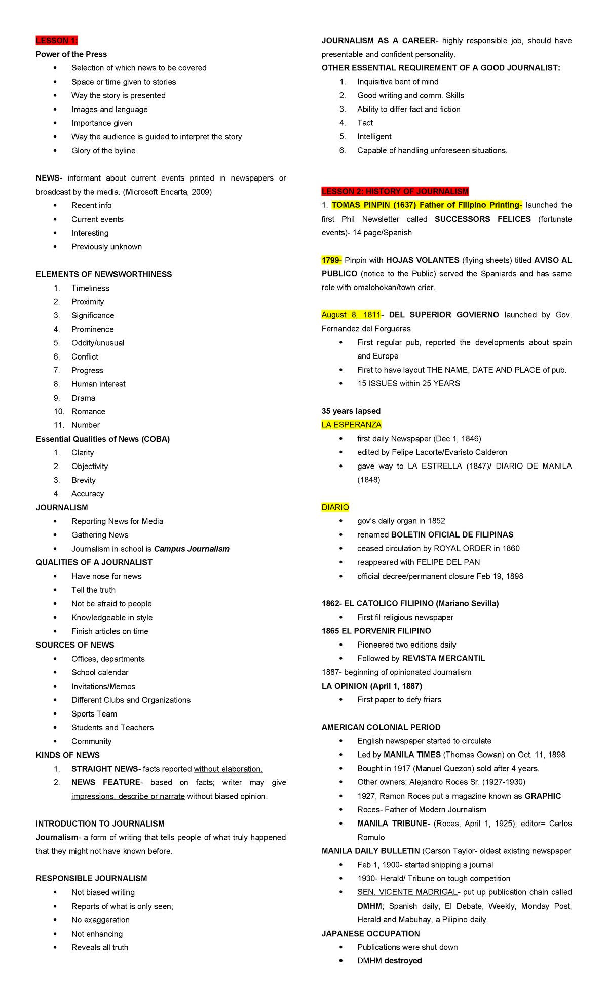 Lesson Prelim reviewr - LESSON 1: Power of the Press Selection of which ...