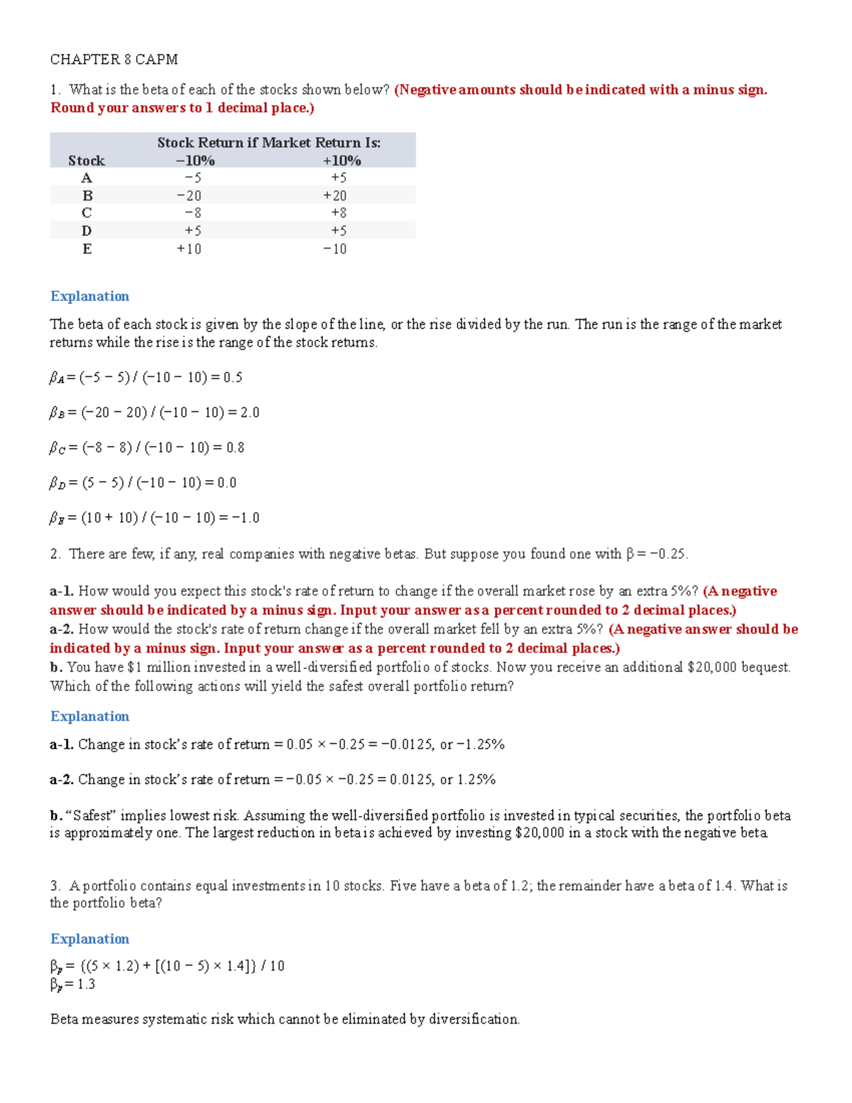 Chapter 8 CAPM - CHAPTER 8 CAPM 1. What is the beta of each of the stocks shown below? (Negative ...