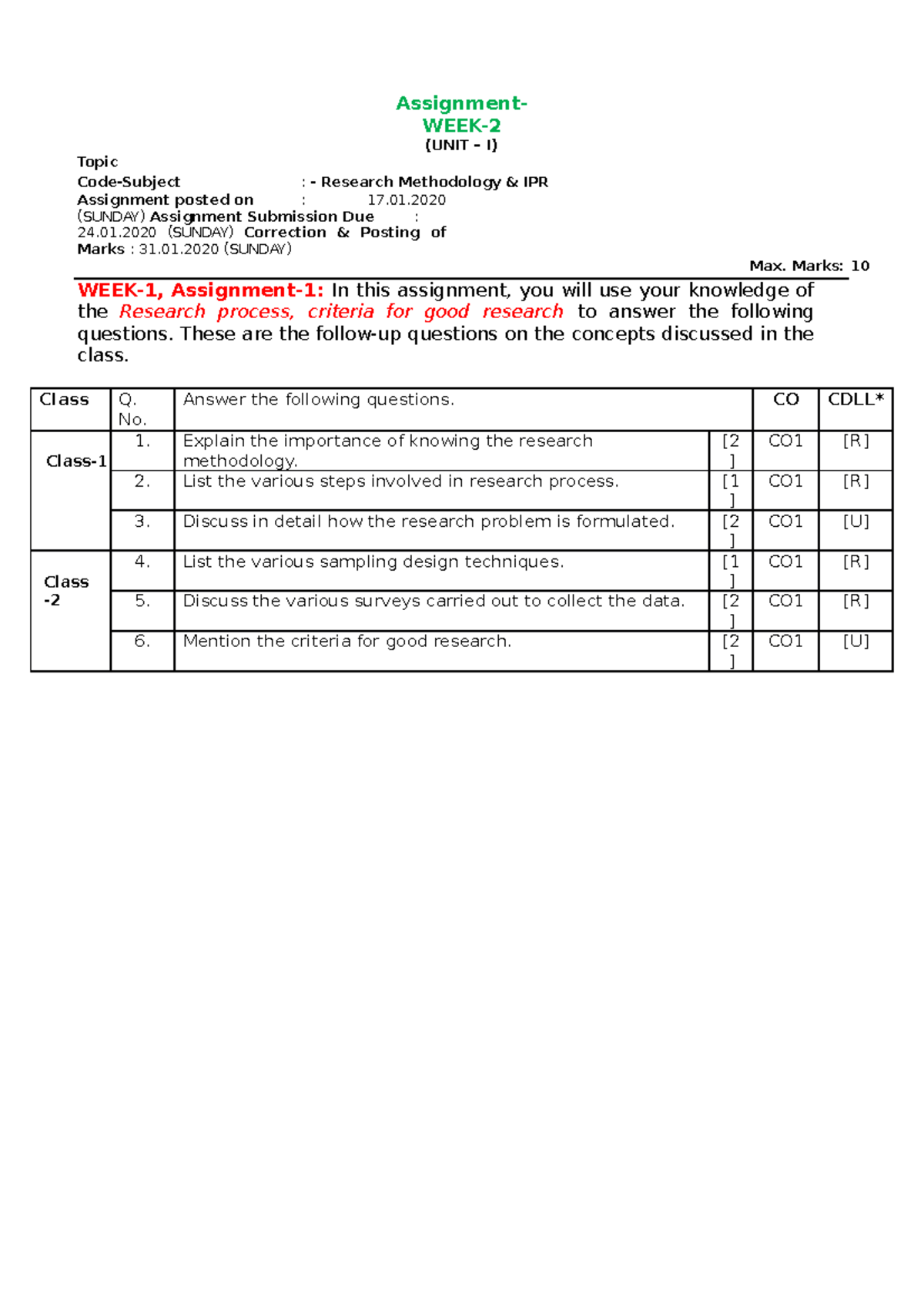 Week-2 Assignment-2 llll - Assignment- WEEK- (UNIT – I) Topic Code-Subject : - Research ...