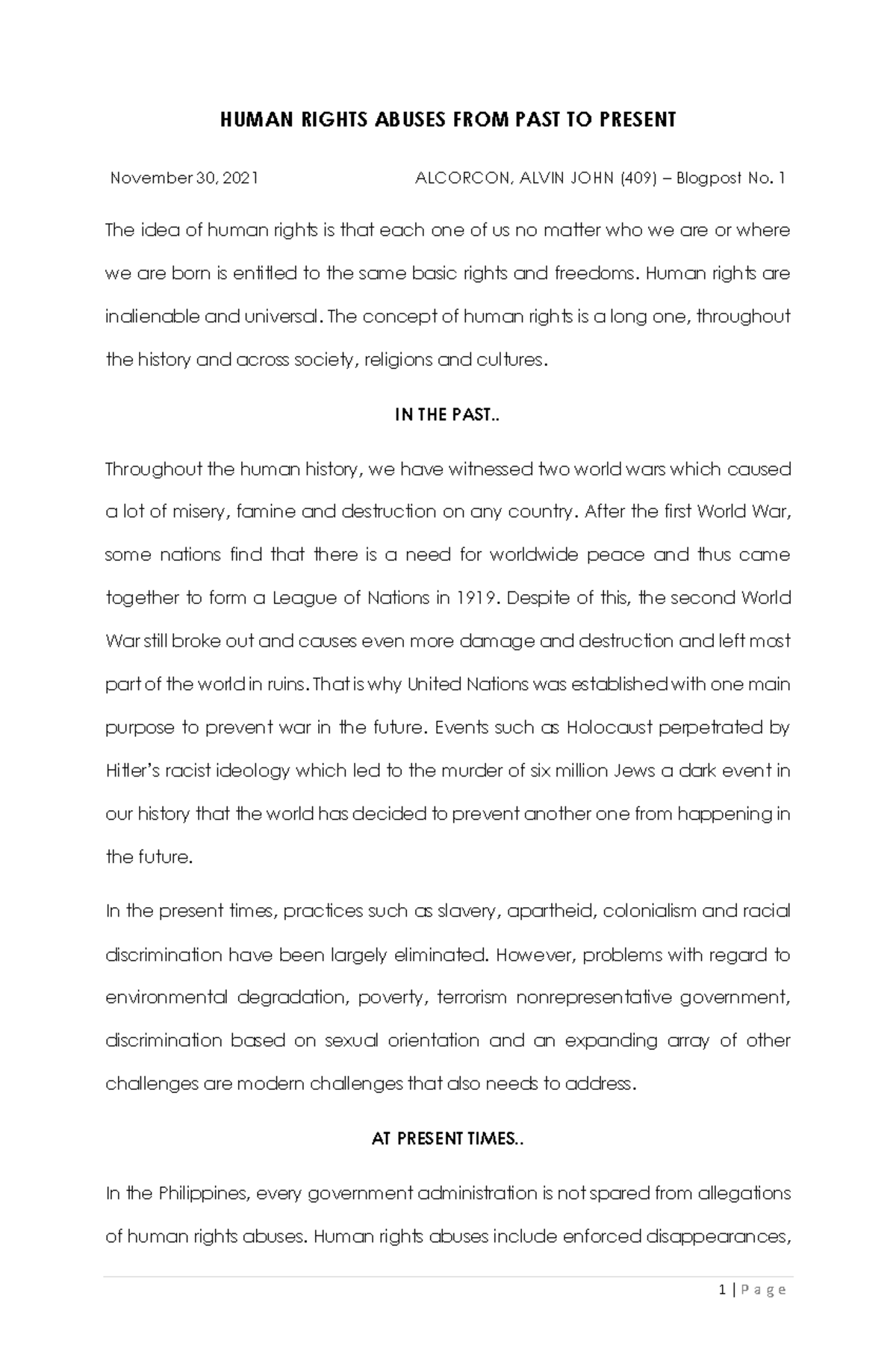Blogpost No. 1 Alcorcon, Alvin John Human Rights Violation - 1 | P a g ...