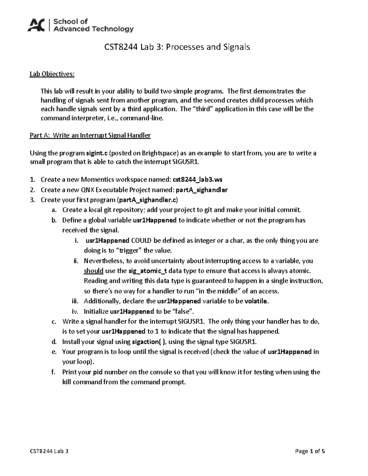 Lab 3 - Processes and Signals - CST8 244 Lab 3: Processes and Signals ...