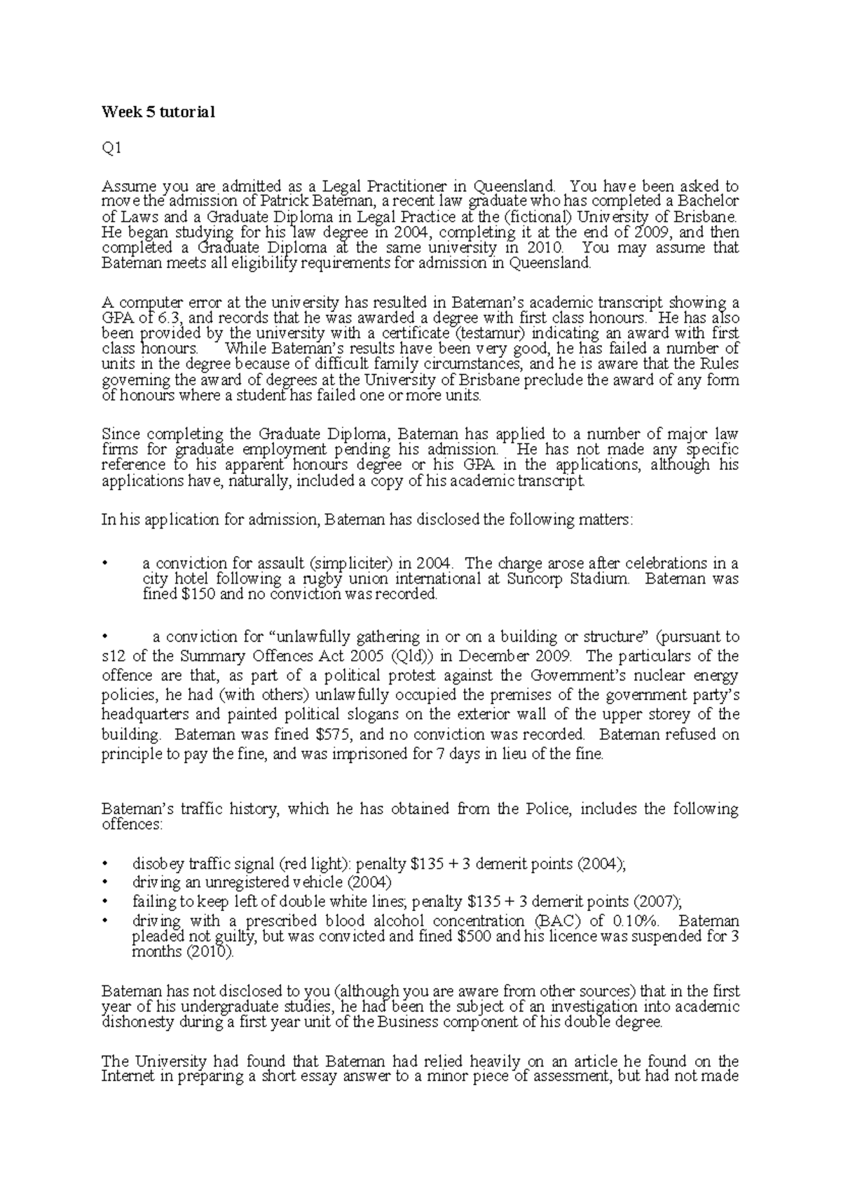 Week 5 Ethics Tutorial Notes Week 5 Tutorial Q Assume You Are Admitted As A Legal 4607