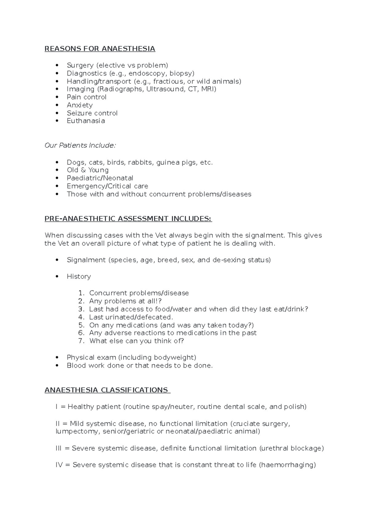 Intro to Anaesthesia - Digital notes - REASONS FOR ANAESTHESIA Surgery ...