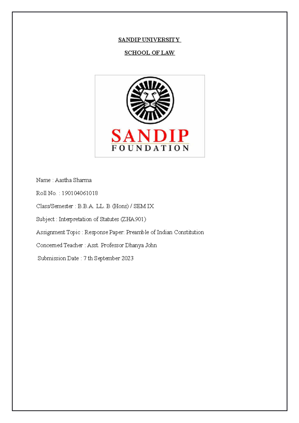 Response paper- preamble - SANDIP UNIVERSITY SCHOOL OF LAW Name ...
