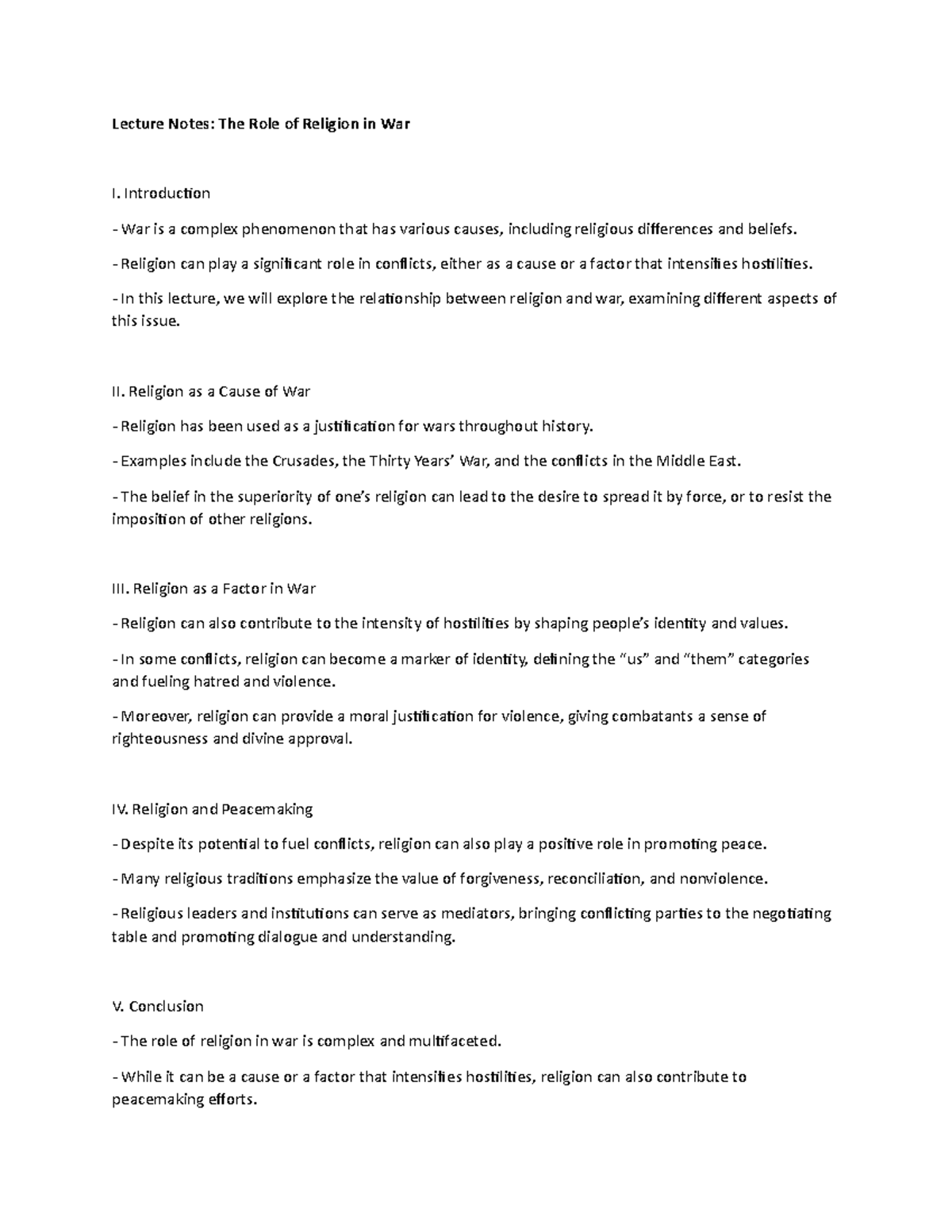 Lecture Notes: The Role of Religion in War - Introduction War is a ...