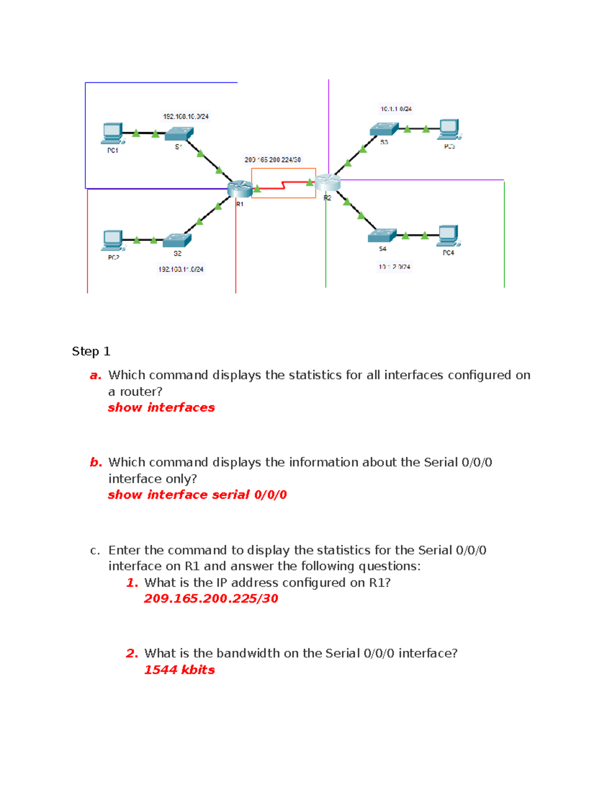 PT10 - Packet Tracer - Step 1 a. Which command displays the statistics for all interfaces ...